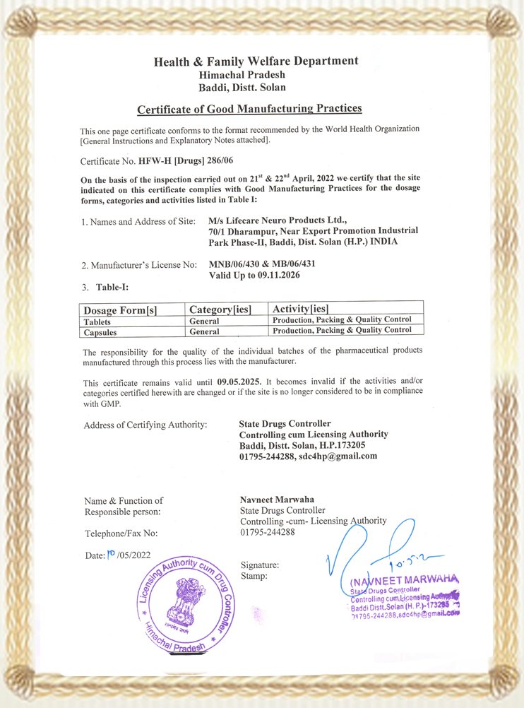 Certifications - Lifecare Neuro Products Limited